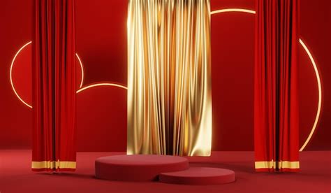 크림 화장품에 대한 빈 제품 배경의 3d 렌더링 현대 빨간색 연단 배경 프리미엄 사진