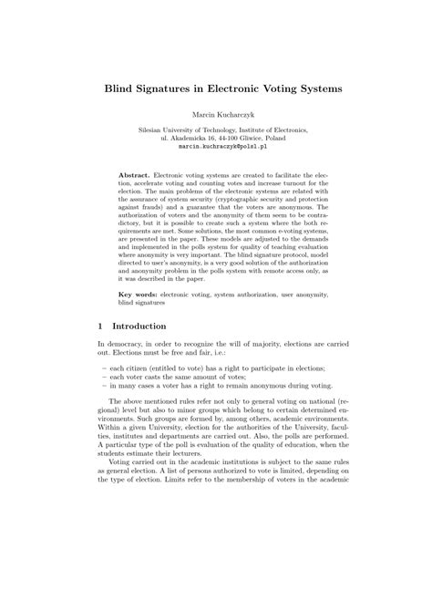 Pdf Blind Signatures In Electronic Voting Systems