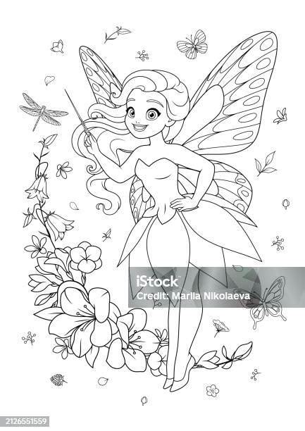 꽃으로 둘러싸인 마술 지팡이를 가진 귀여운 비행 요정 벡터 색칠 공부 페이지 컬러링 북 페이지 일러스트레이션 기법에 대한 스톡 벡터 아트 및 기타 이미지 컬러링 북