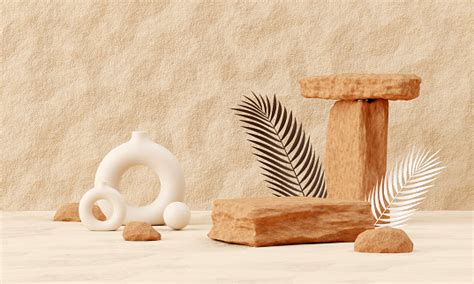 3d 렌더링 브라운 스튜디오에서 제품 모형 또는 화장품 프레젠테이션을 위한 최소 베이지색 스톤 디스플레이 연단 3차원 형태에 대한 스톡 사진 및 기타 이미지 Istock