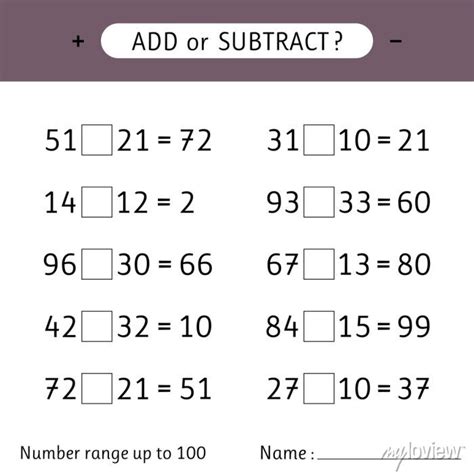 Add Or Subtract Number Range Up To 100 Mathematical Exercises Posters For The Wall • Posters