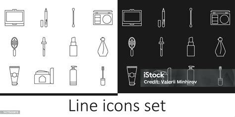 세트 라인 마스카라 브러쉬 향수 귀 면봉 피펫 헤어 브러시 거울이있는 메이크업 파우더 립스틱 및 아이 라이너 눈썹 아이콘 벡터