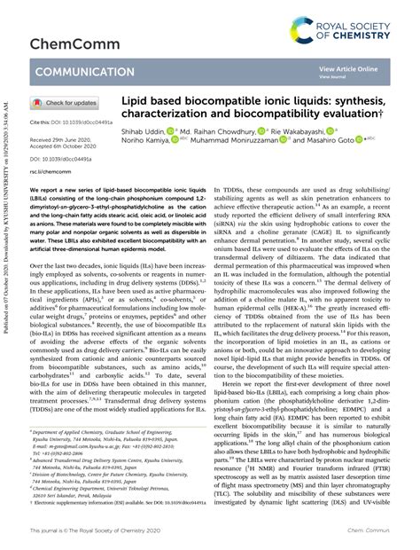 Pdf Lipid Based Biocompatible Ionic Liquids Synthesis Characterization And Biocompatibility
