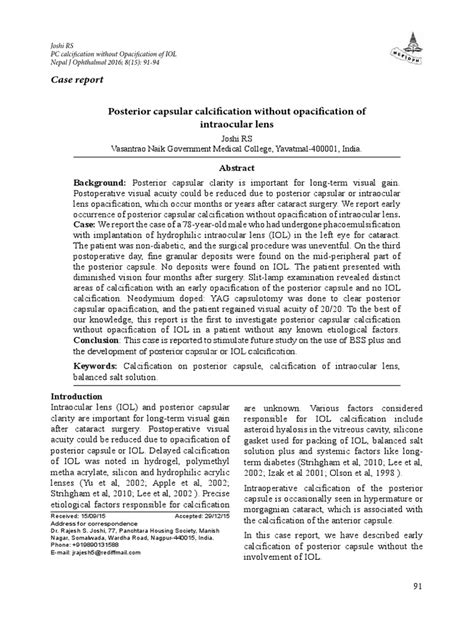 Posterior Capsular Calcification Download Free Pdf Cataract Facial Features