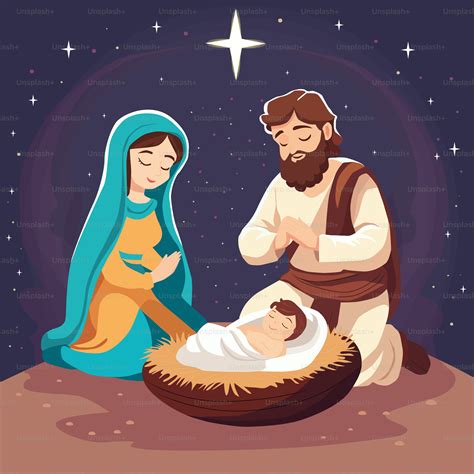 구유에 누워 있는 아기 예수와 함께 있는 예수 탄생 장면 벡터 Unsplash의 여자 이미지
