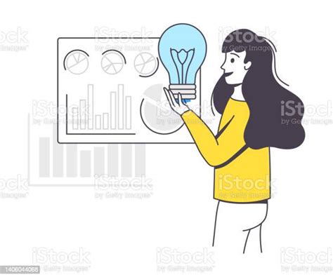 전구를 가진 여성 캐릭터와 함께 비즈니스 프로젝트 및 시작 개요 벡터 일러스트 레이 션으로 작업하는 그래프 개발에 대한 스톡 벡터 아트 및 기타 이미지 Istock