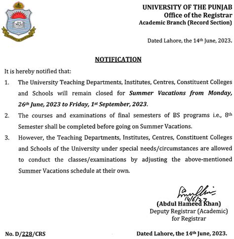 Pu Announces Summer Vacations Announcements University Of The Punjab