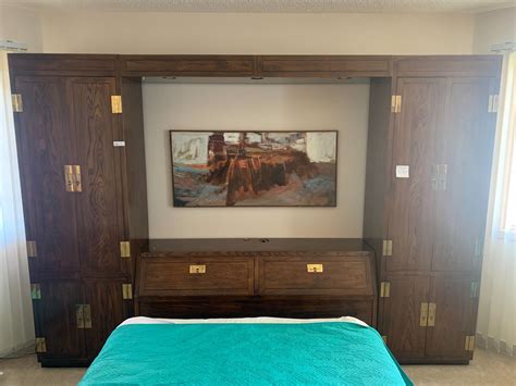 4 Piece Henredon Vintage Walnut And Brass Bedroom Set Campaign Series