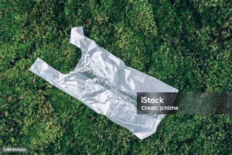 오염 문제 개념 녹색 이끼 잔디 배경에 일회용 비닐 봉지 맨 위 보기입니다 공간을 복사합니다 환경 오염 문제 쓰레기 폐기물 수거 및 선별 쓰레기 실외 0명에 대한 스톡 사진