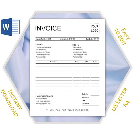 Fully Editable Microsoft Word Invoice Template Printable Fillable
