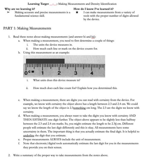 Making Measurements And Density Identification Editable Doc By D Will
