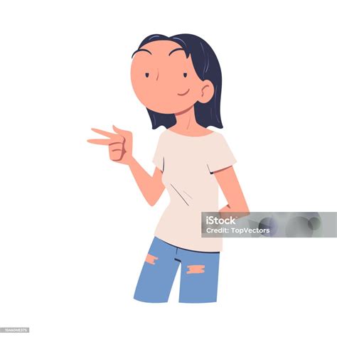 자부심을 표현하는 V 기호 제스처를 보여주는 만족스러운 얼굴을 가진 자신감 있는 여자 캐릭터 벡터 일러스트레이션 감정에 대한 스톡 벡터 아트 및 기타 이미지 Istock