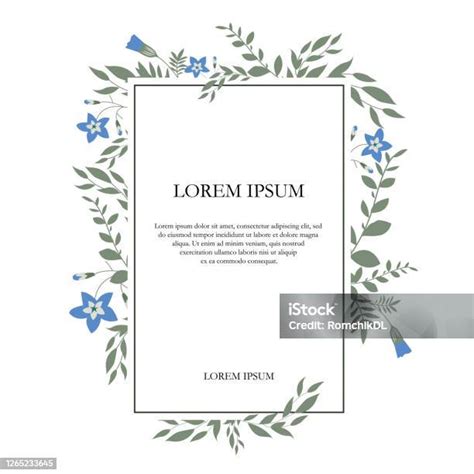 กรอบดอกไม้ที่มีดอกไม้สีฟ้าตาและใบตกแต่ง การออกแบบคําเชิญ สําหรับบัตรอวย