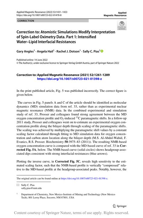Correction To Atomistic Simulations Modify Interpretation Of Spin Label Oximetry Data Part 1