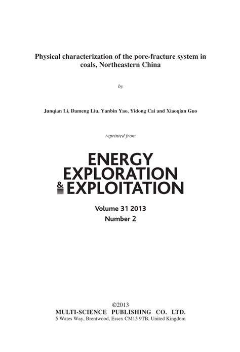 Pdf Physical Characterization Of The Pore Fracture System In Coals Northeastern China