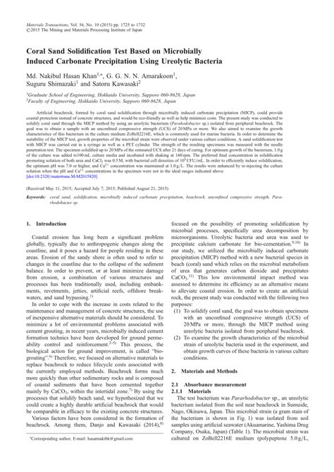 Pdf Coral Sand Solidification Test Based On Microbially Induced