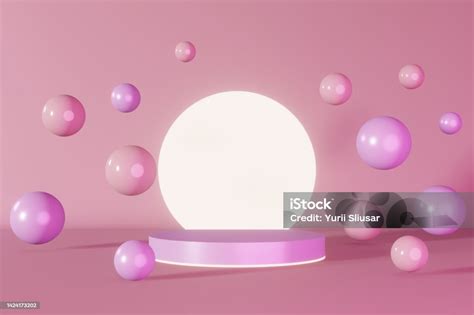 보라색 핑크 네온 실린더 연단 스테이지 3d 렌더링 둥근 받침대 디자인 구성 최소한의 반짝이는 장면 구체를 Abstact 0명에 대한 스톡 사진 및 기타 이미지 Istock