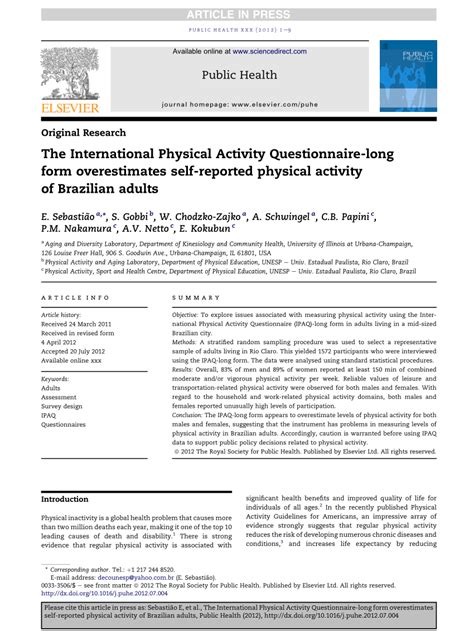 Pdf The International Physical Activity Questionnaire Long Form