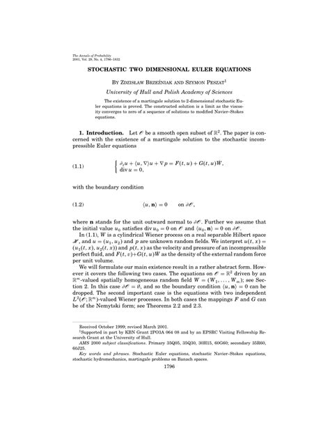 Pdf Stochastic Two Dimensional Euler Equations