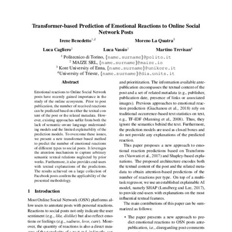 Transformer Based Prediction Of Emotional Reactions To Online Social Network Posts Acl Anthology