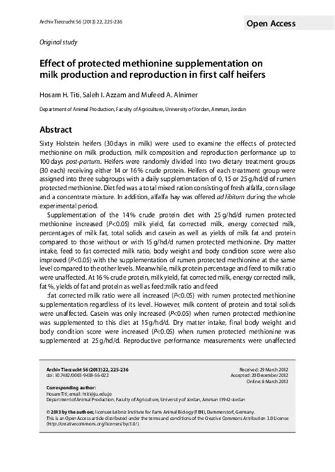 Pdf Effect Of Protected Methionine Supplementation On Milk Production