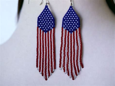 American Flag Brick Stitch And Fringe Earring Pdf Pattern Seed Bead