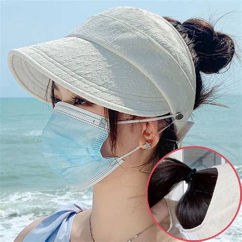 여성용 하이 포니테일 태양 모자 레이스 플라워 빈 탑 모자 접이식 바이저 자외선 차단 플로피 캡 소녀 야외 야구 모자 여름 모자