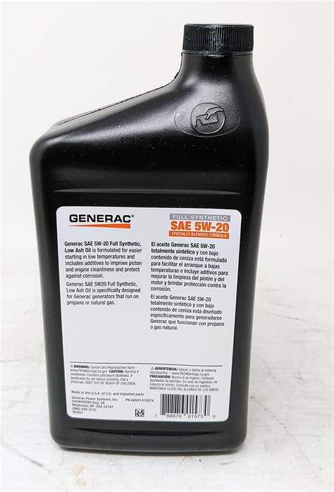 Generac A0001412874 5w20 Full Synthetic Engine Oil Quart