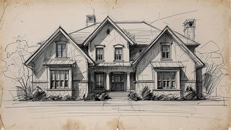 Architect Drawing A Beautiful Suburban House With Pencil On Aged Paper
