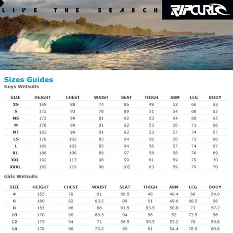 Rip Curl Wetsuit Sizing Chart Size Guide Chart Nz Backdoor S