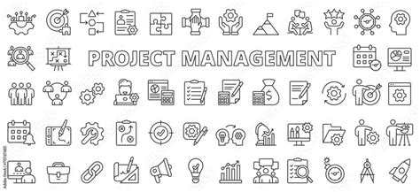 Project Management Icons In Line Design Business Work Office Analysis Plan Development