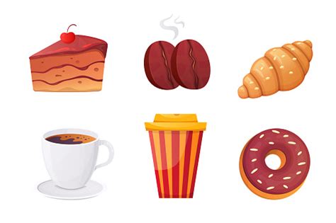 카페 디저트와 레스토랑 메뉴 달콤한 음식 벡터 세트 만화 커피와 차 아이콘 커피 메이커 퍼콜레이터 찻잔 케이크 크로와상
