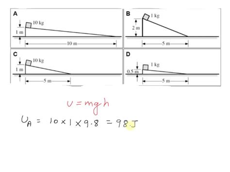 shown are blocks that slide down frictionless inclines all masses