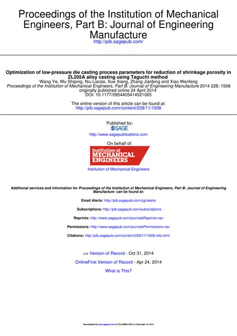 Pdf Optimization Of Low Pressure Die Casting Process Parameters For