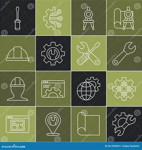 Set Line Wrench Spanner And Gear Processor Drawing Compass Worker