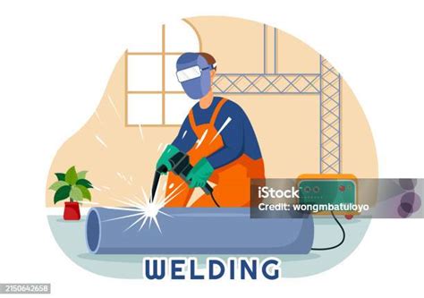 용접 서비스 벡터 일러스트 전문 용접기 작업 용접 금속 구조 파이프 및 철강 건설 평면 만화 배경 강철에 대한 스톡 벡터 아트