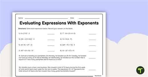 Evaluating Expressions With Exponents Worksheet Teach Starter