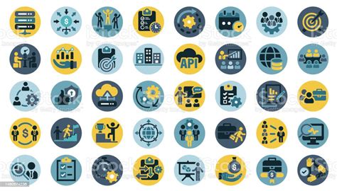 비즈니스 데이터 분석 조직 관리 및 기술 아이콘 세트입니다 팀워크 전략 계획 마케팅 클라우드 기술 데이터 분석 직원 아이콘 세트 아이콘 벡터 컬렉션 감시에 대한 스톡 벡터