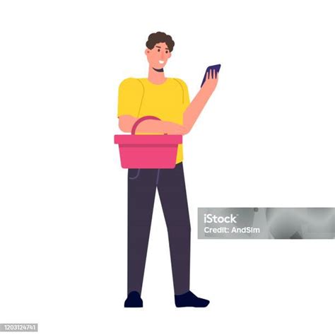 쇼핑 바구니와 남자 벡터 일러스트 플랫 디자인 스타일입니다 고객에 대한 스톡 벡터 아트 및 기타 이미지 고객 구매 등장인물 Istock