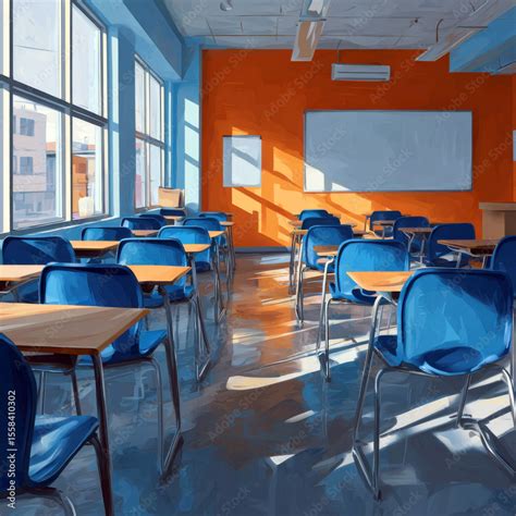 Empty Classroom With Rows Of Student Desks And Chairs By Windows Stock