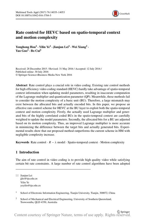 Rate Control For Hevc Based On Spatio Temporal Context And Motion Complexity Request Pdf
