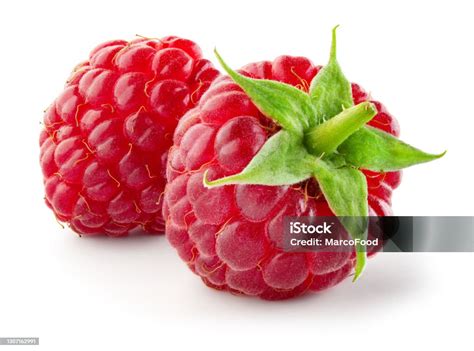 Raspberry Isolated Two Red Raspberries With Green Leaf Isolate Raspberry With Leaves Isolated On