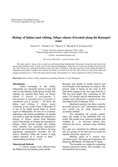 Pdf Biology Of Indian Sand Whiting Sillago Sihama Forsskal Along