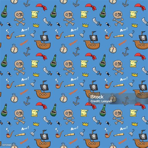 해적 낙서 원활한 패턴 귀여운 해적 항목 스케치 손으로 그린 만화 벡터 일러스트 검에 대한 스톡 벡터 아트 및 기타 이미지