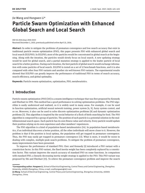 Pdf Particle Swarm Optimization With Enhanced Global Search And Local