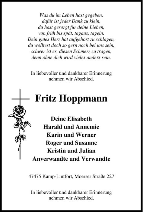 Traueranzeigen Von Fritz Hoppmann Trauer In Nrw De
