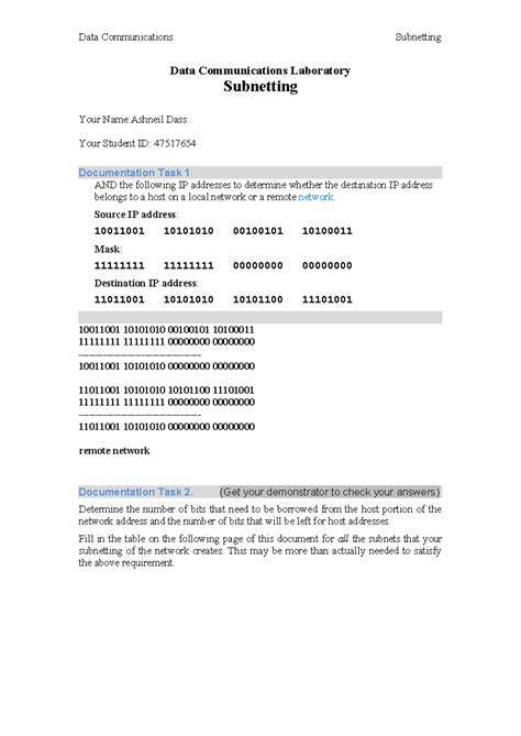 Practical Subnetting Documentation Template Data Communications