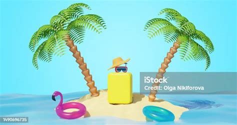 야자수와 여행 가방이 있는 모래 섬 휴가 여행 여름 3d 렌더링 0명에 대한 스톡 사진 및 기타 이미지 0명 개념 관광 Istock