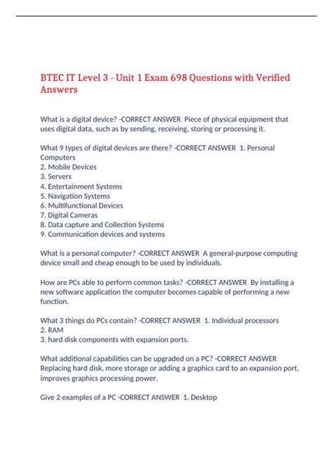 BTEC IT Level Unit Exam Questions With Verified Answers CORRECT BTEC IT Level
