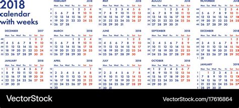 2018 Calendar Grid With Weeks Royalty Free Vector Image